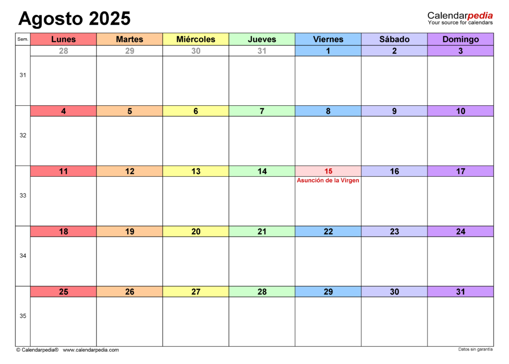 Calendário de 2025 Agosto | Calendário 2025