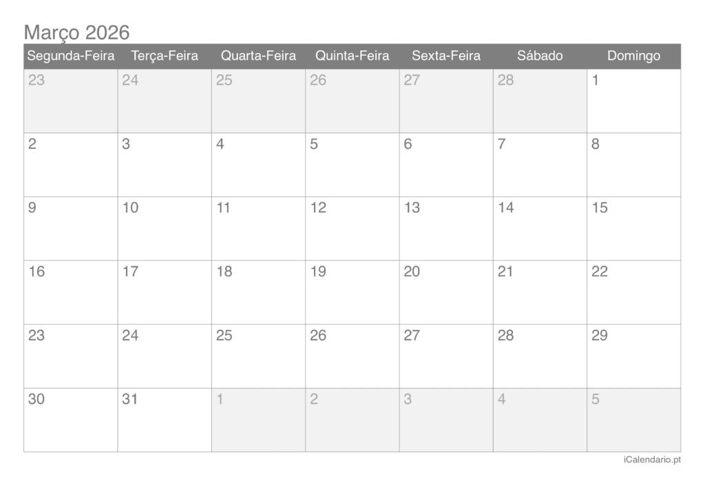 Calendario do mes de fevereiro e marco 2026 | Calendário 2025